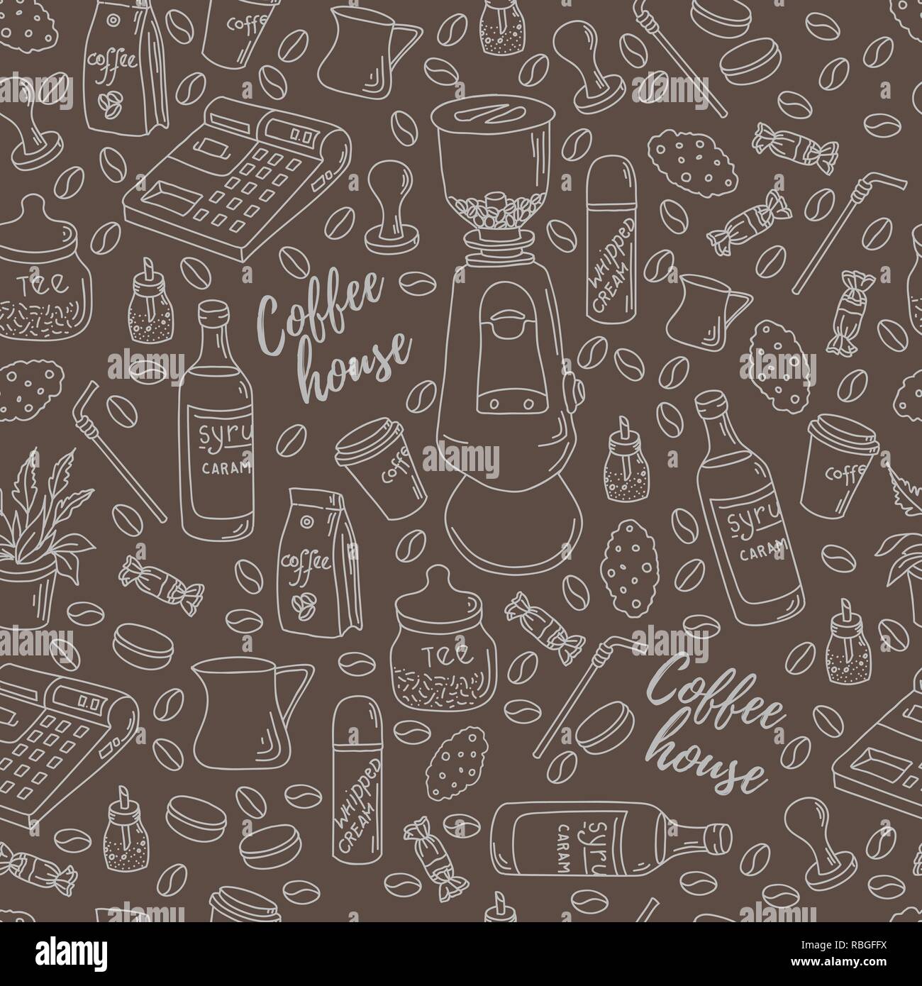 Seamless pattern for printing on paper or fabric.Coffee shop motifs ...