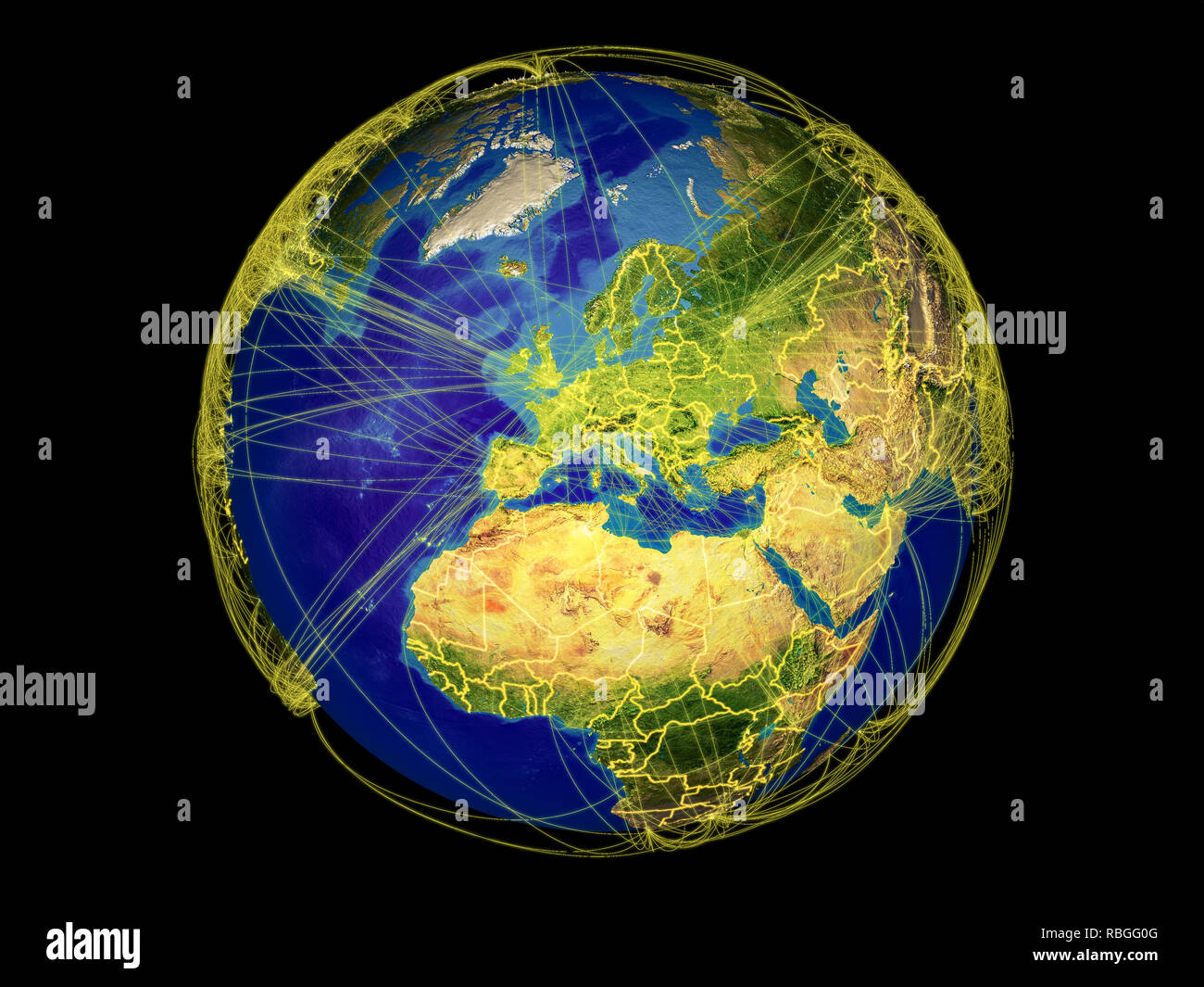 Southern Europe from space on Earth with country borders and lines ...