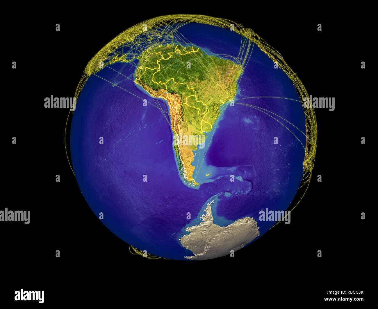 Southern Cone from space on Earth with country borders and lines ...