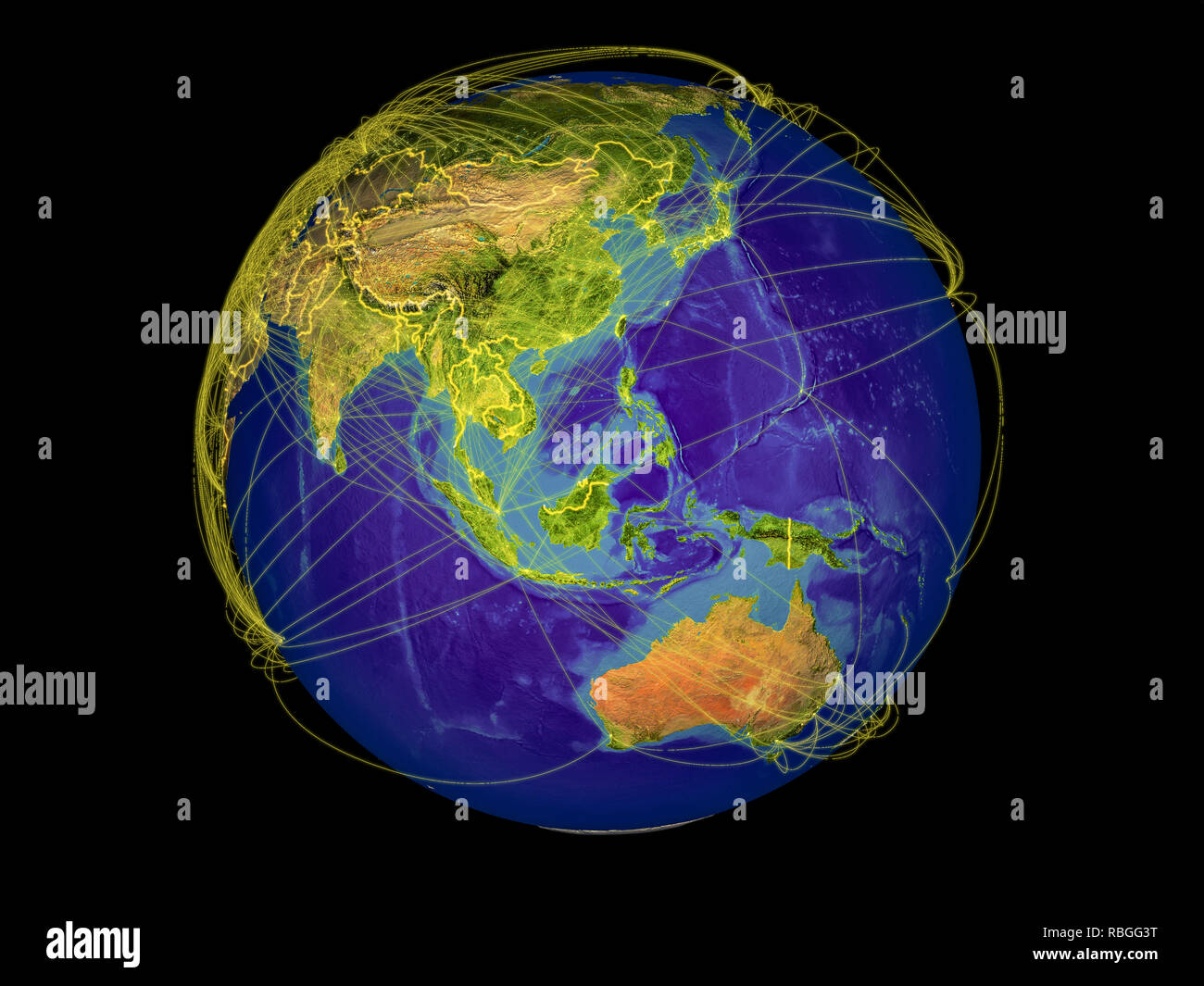 South East Asia from space on Earth with country borders and lines ...