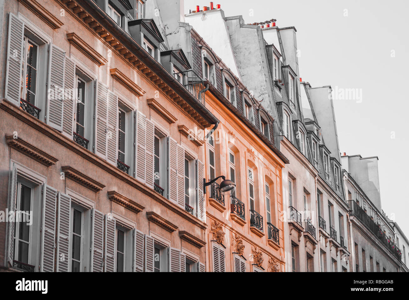 View from below on a facade European building in Paris, France Stock ...