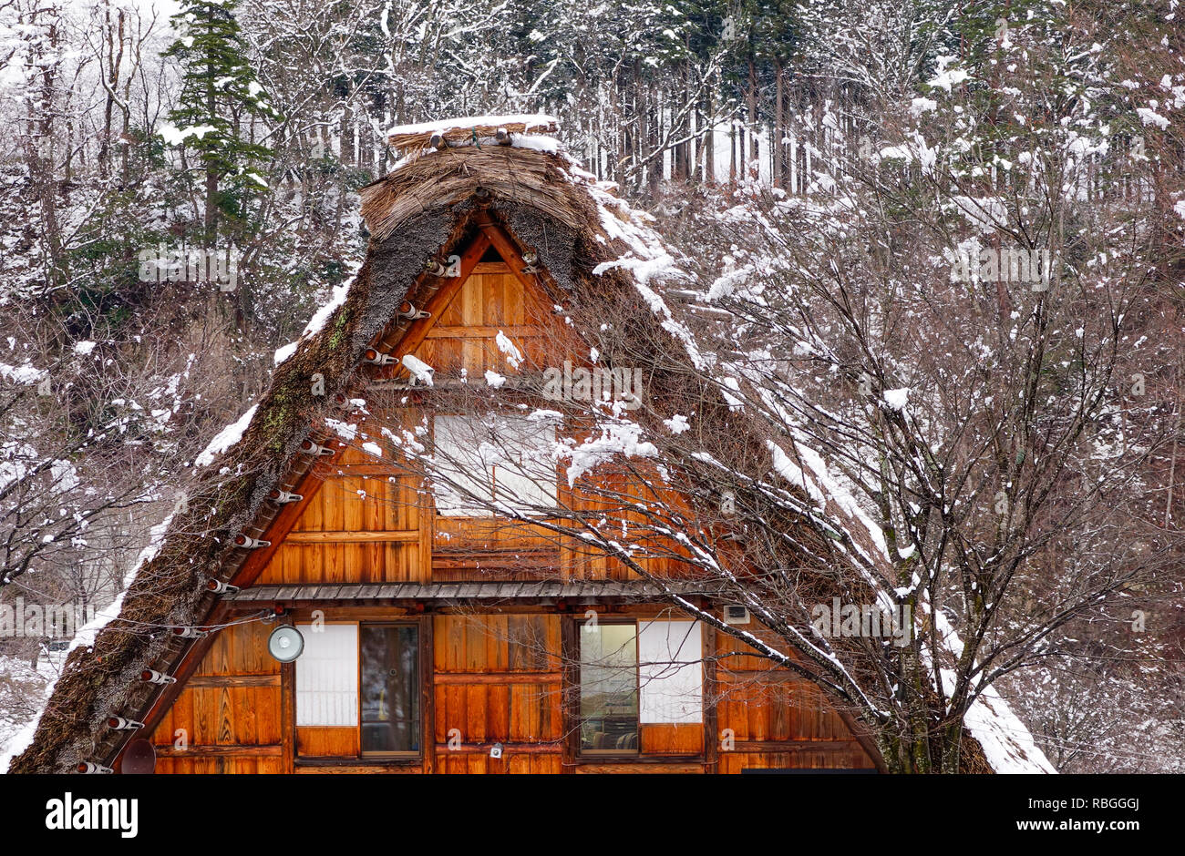 A wooden house in Historic Village of Shirakawago at winter in Gifu ...