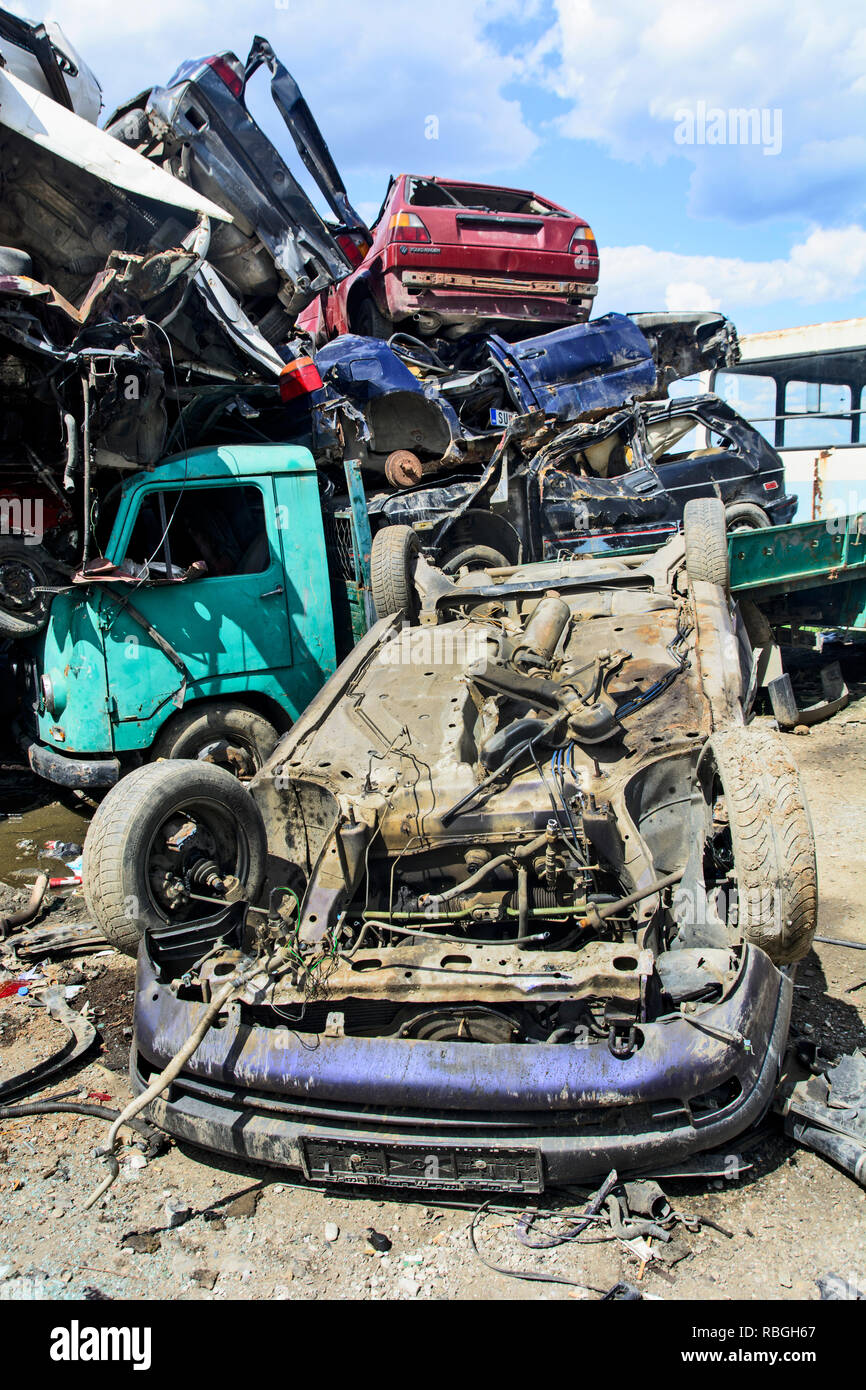 Zabalj, Serbia, Backa, June 23, 2018. Auto waste with lots of cars ...