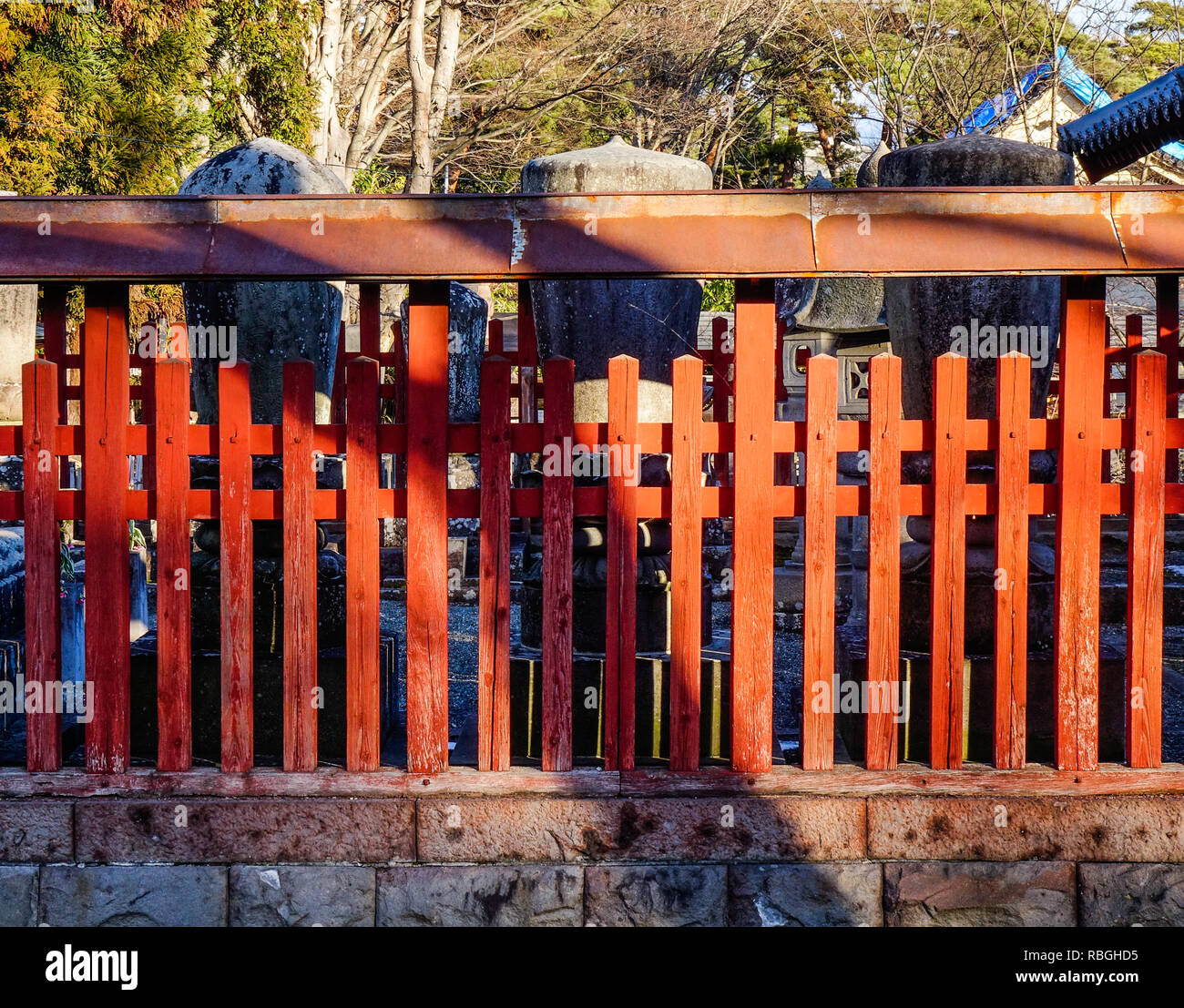 Red wooden fence of ancient temple in Nagano, Japan Stock Photo - Alamy