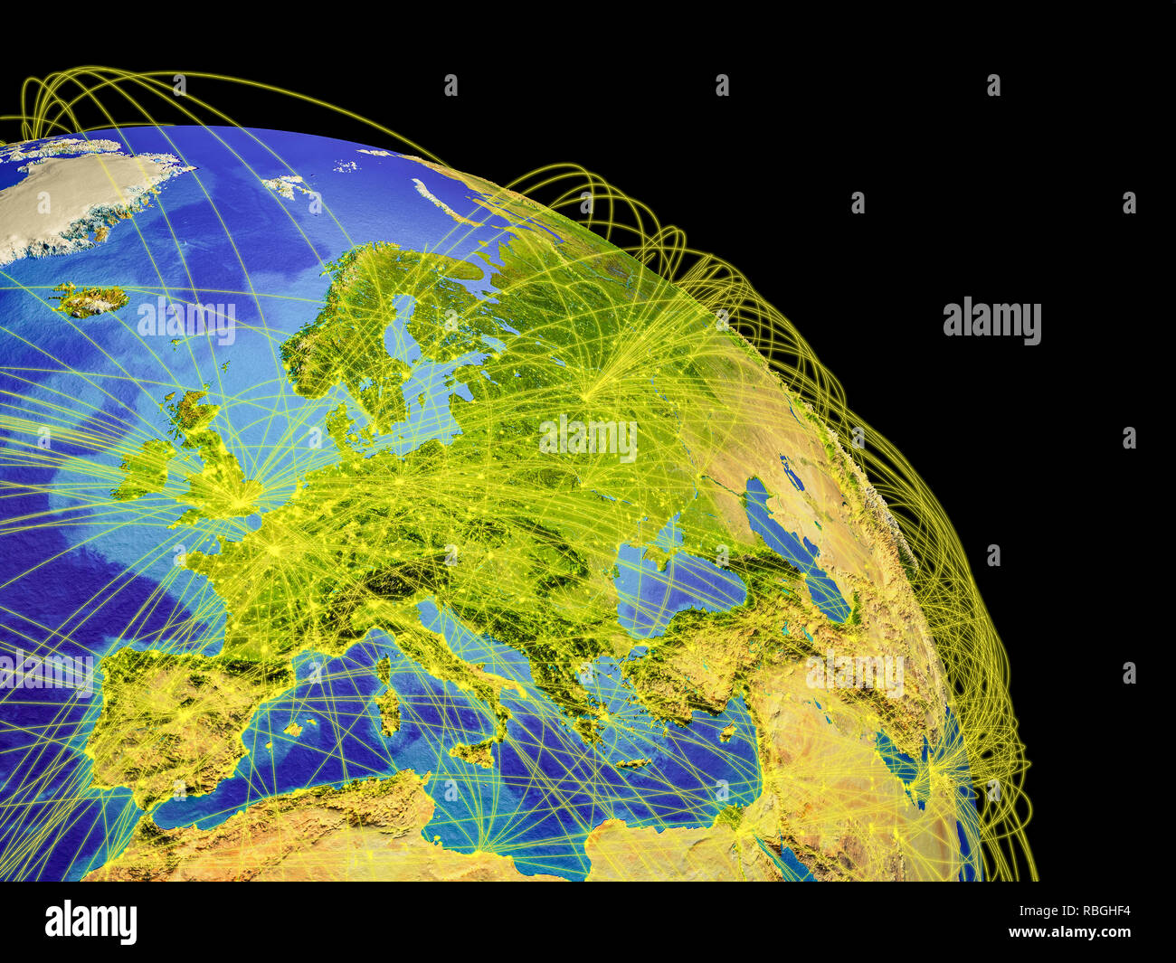 Europe from space with trajectories representing global communication ...