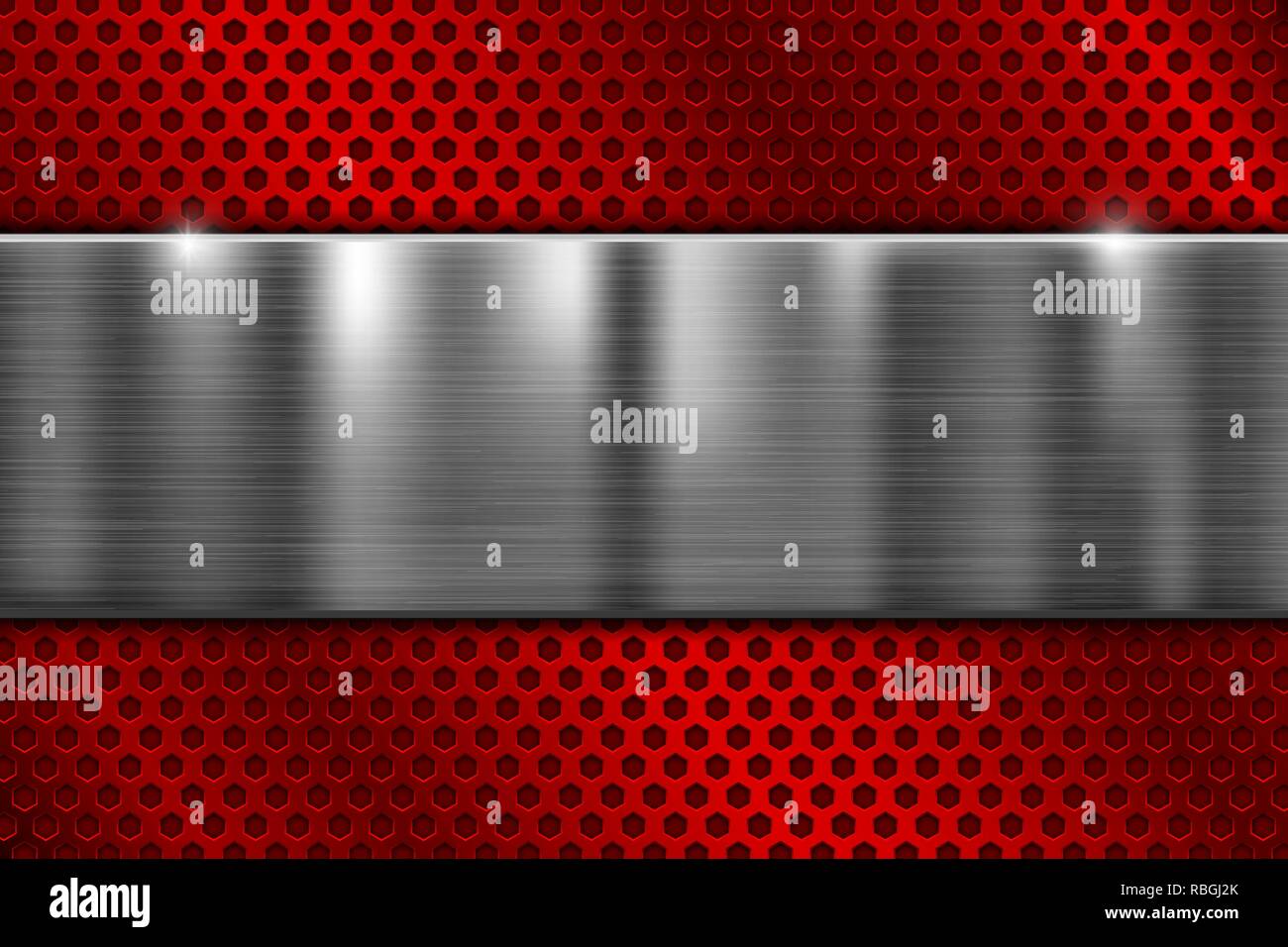 Red perforated metal texture with brushed steel plate Stock Vector ...