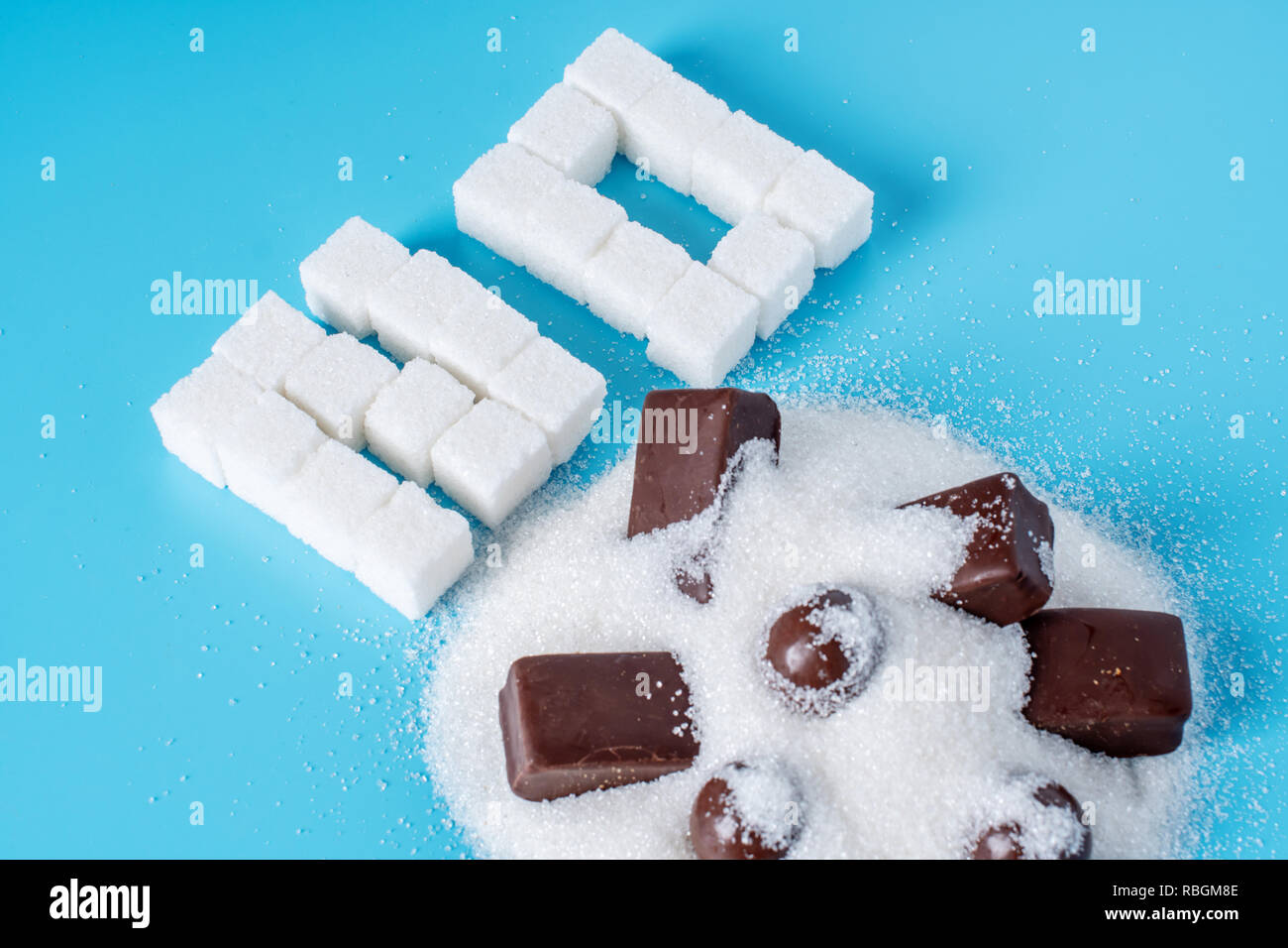 Text No is lined with sugar cubes with sweets candy. The concept of ...
