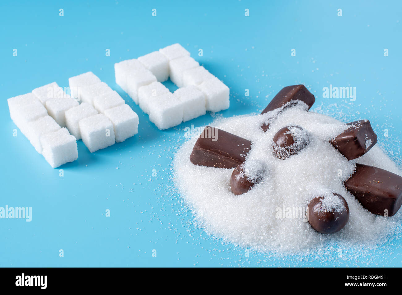 Text No is lined with sugar cubes with sweets candy. The concept of ...