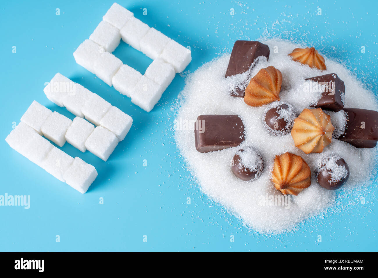 Text No is lined with sugar cubes with sweets candy. The concept of ...