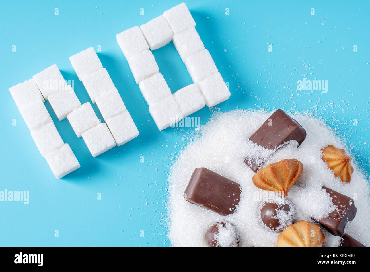 Text No is lined with sugar cubes with sweets candy. The concept of ...
