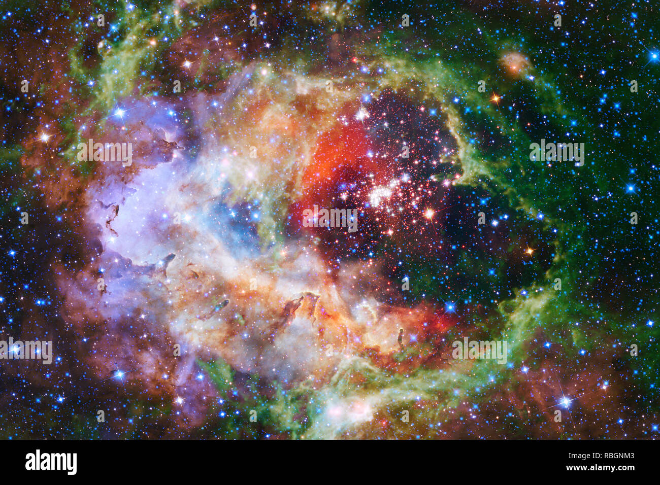 Universe scene with bright stars and galaxies in deep space showing the ...