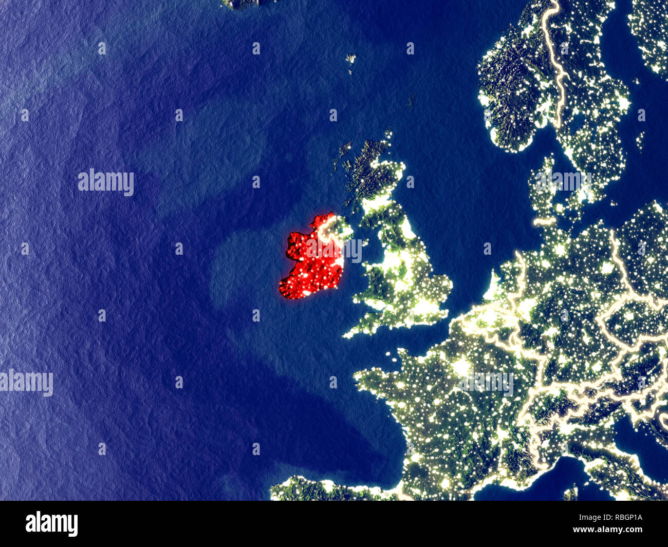 Ireland from space on Earth at night. Very fine detail of the plastic ...