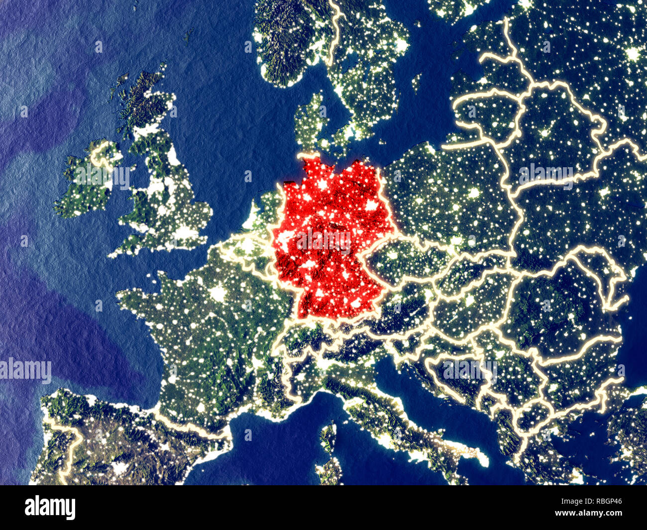 Germany from space on Earth at night. Very fine detail of the plastic ...