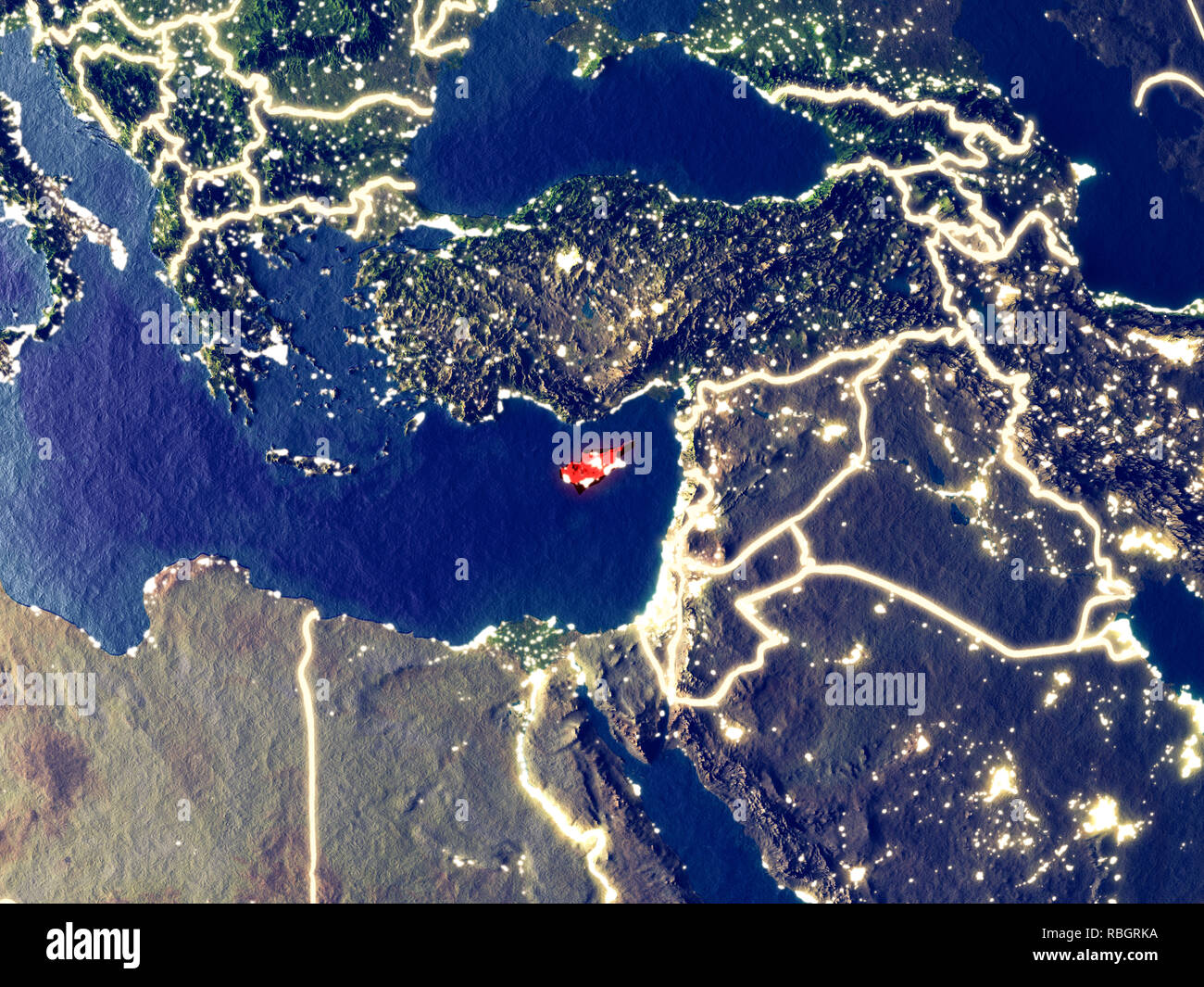 Cyprus from space on Earth at night. Very fine detail of the plastic ...