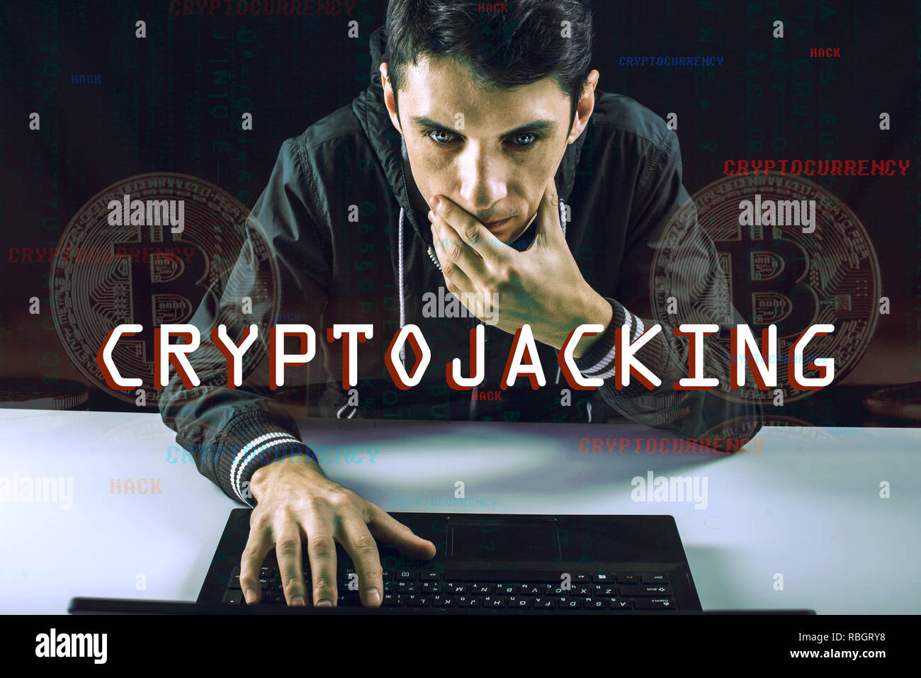 A hacker with a face is trying to steal cryptocurrency using a computer ...