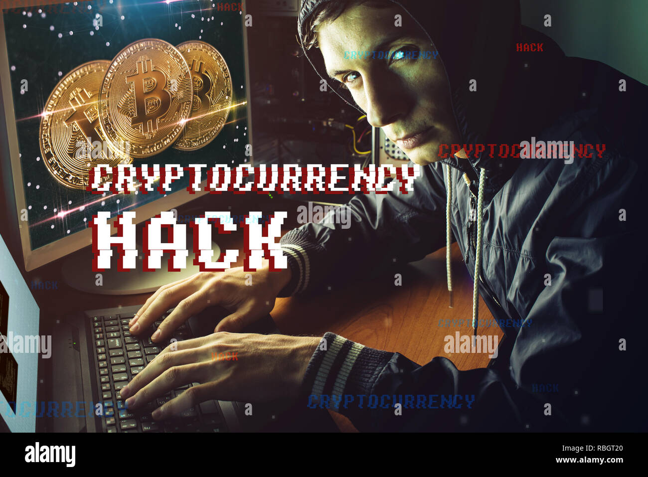 A hacker with a face is trying to steal cryptocurrency using a computer ...