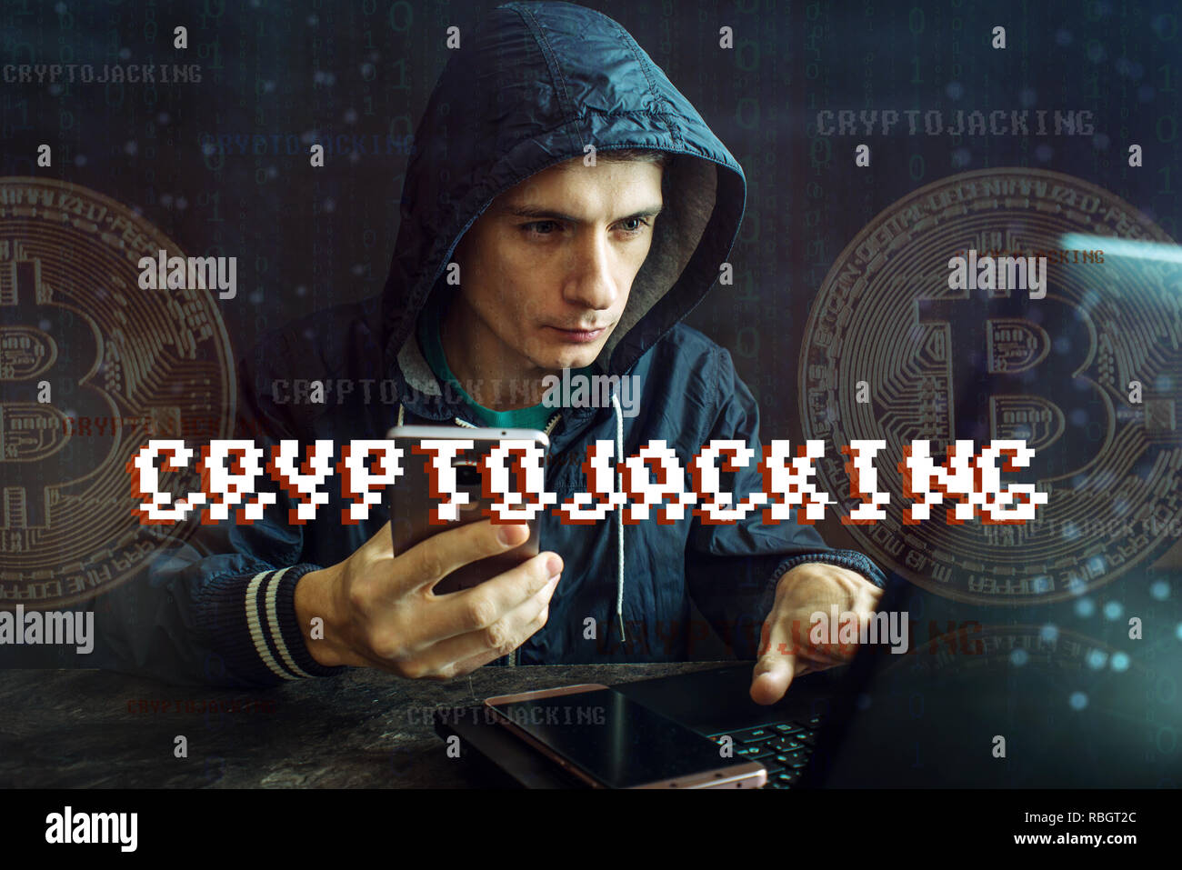 A hacker with a face is trying to steal cryptocurrency using a computer ...