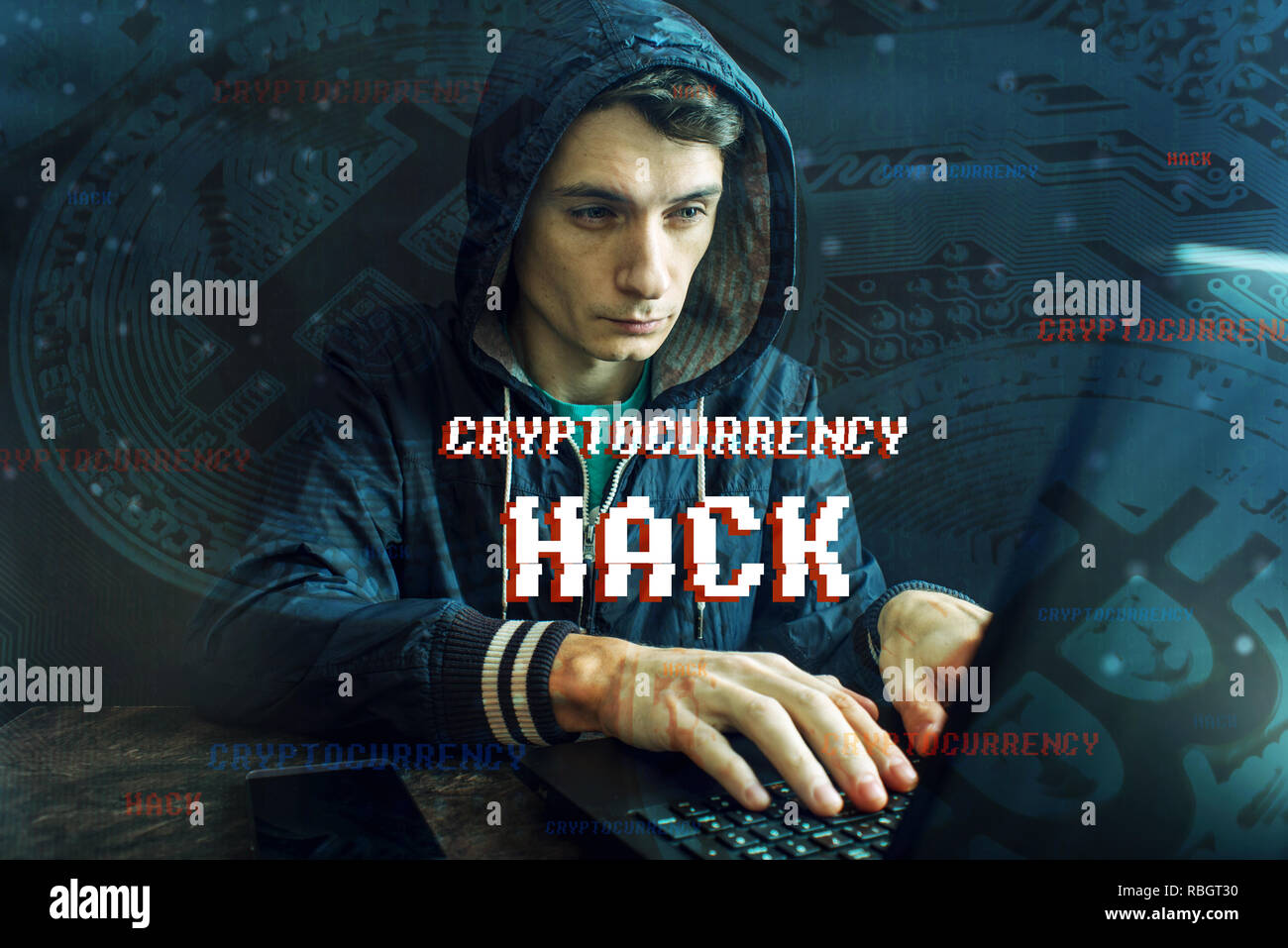 A hacker with a face is trying to steal cryptocurrency using a computer ...