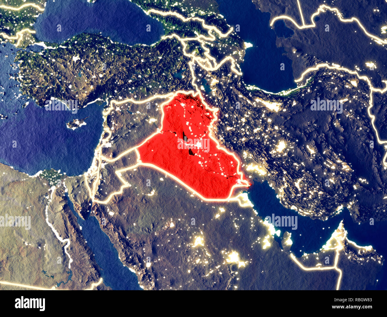 Iraq from space on Earth at night. Very fine detail of the plastic ...