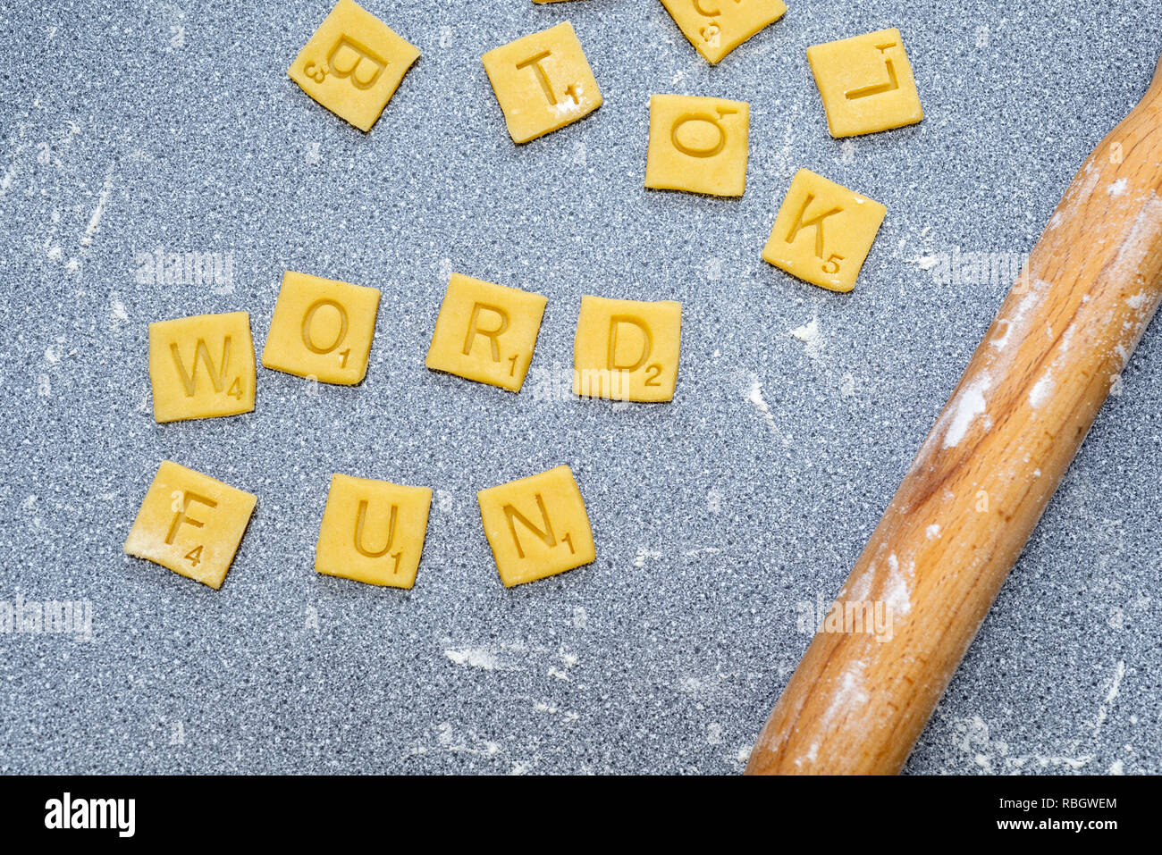 Word fun - scrabble words made from biscuit / cookie dough Stock Photo ...