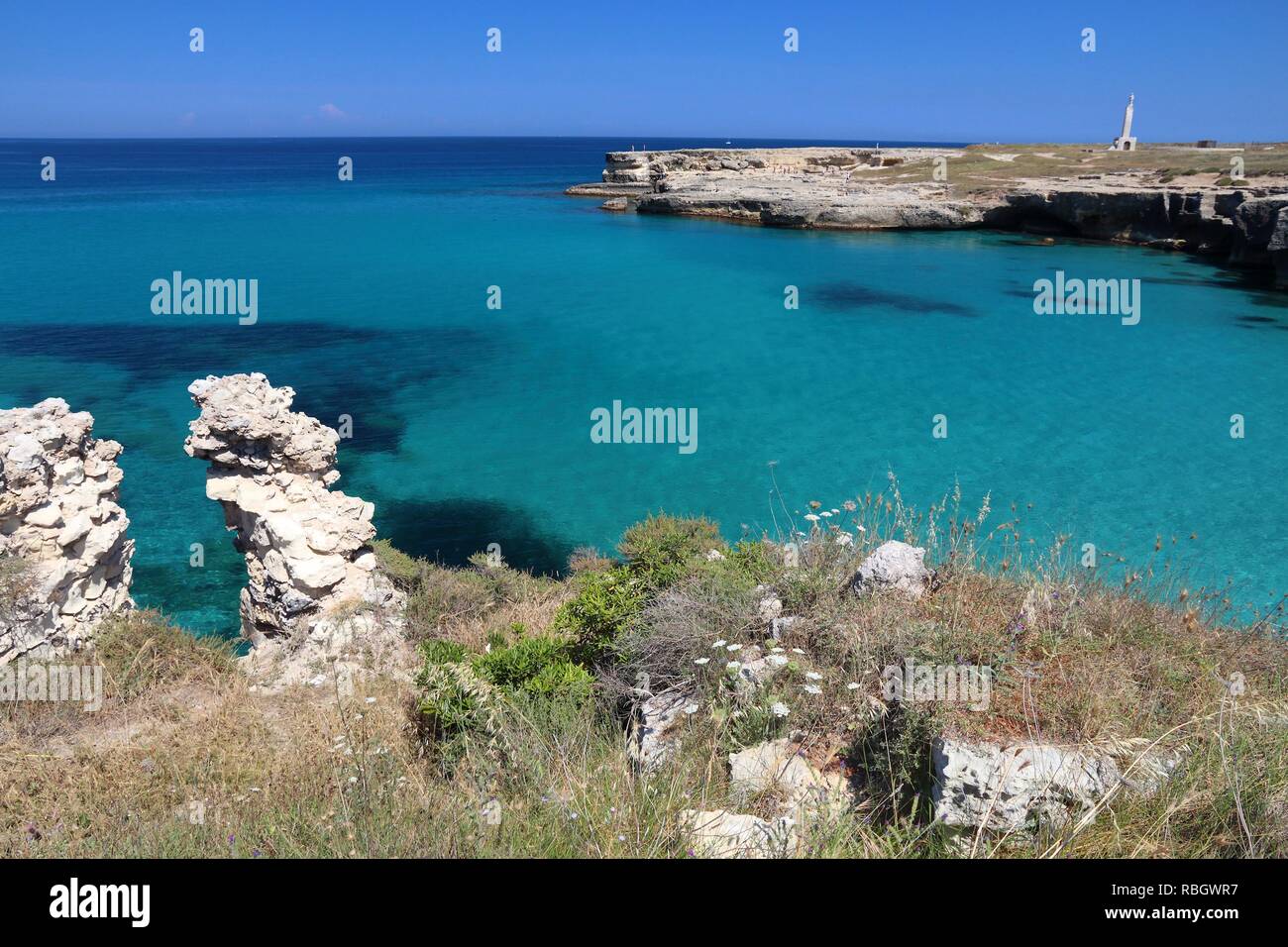 Salento coast landscape in Italy. Roca Vecchia in Apulia region Stock ...