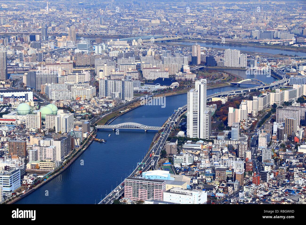 Tokyo city, Japan. Aerial cityscape with Taito, Arakawa and Sumida ...