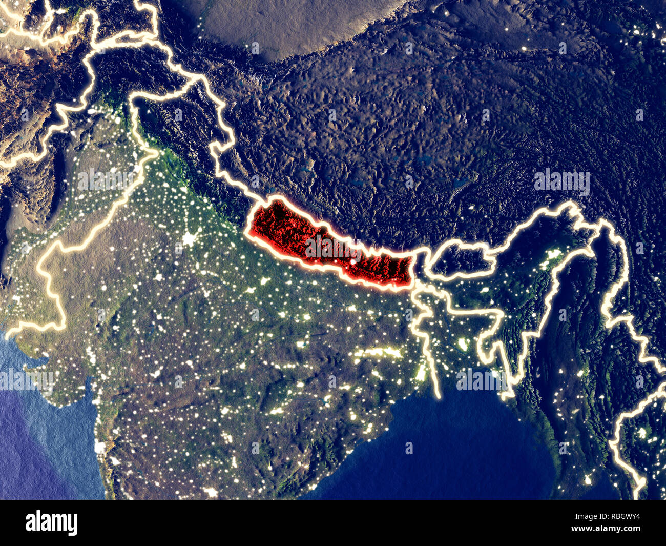 Nepal from space on Earth at night. Very fine detail of the plastic ...