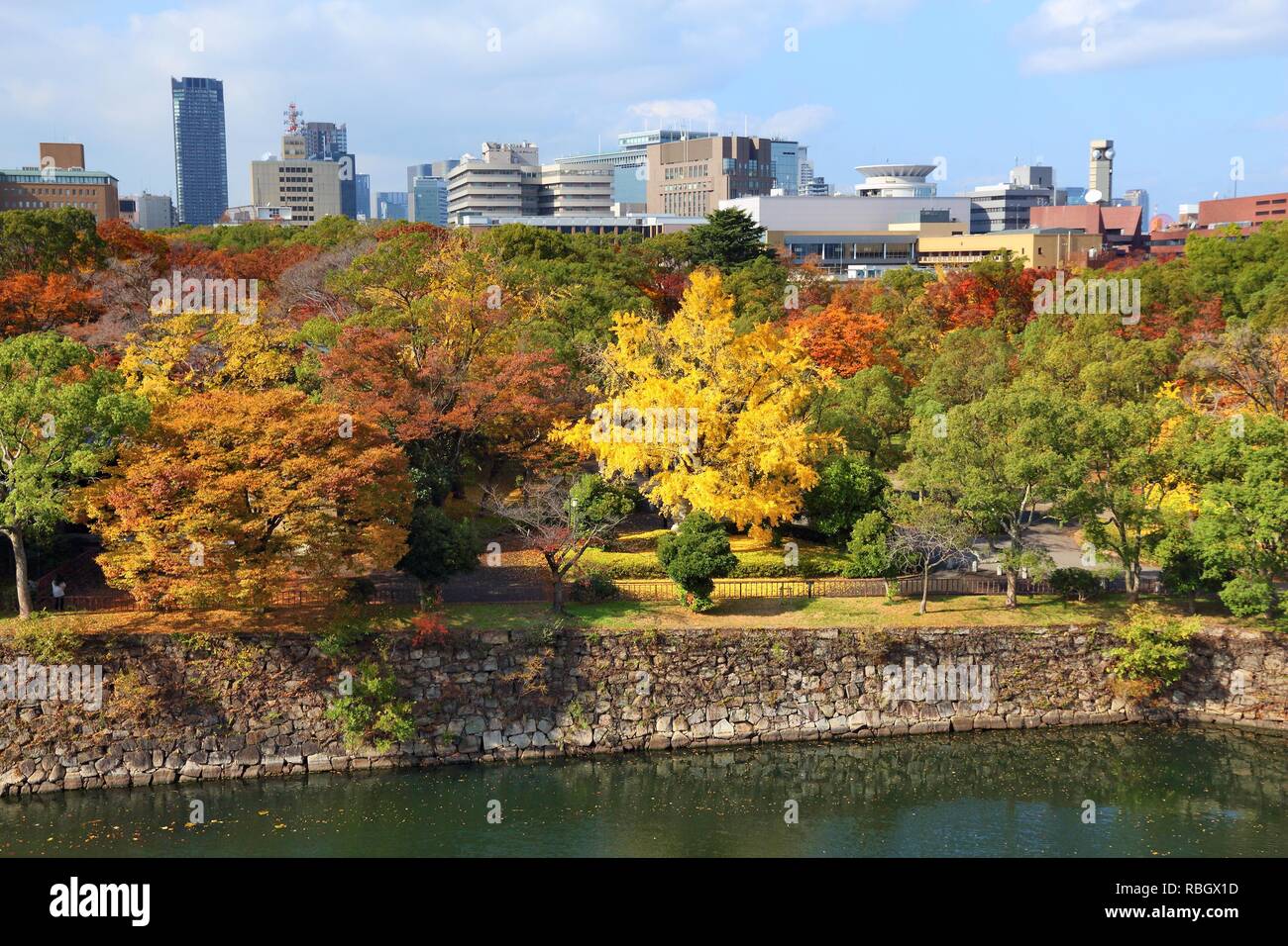 Osaka, Japan - city and Castle Park view with autumn trees Stock Photo ...