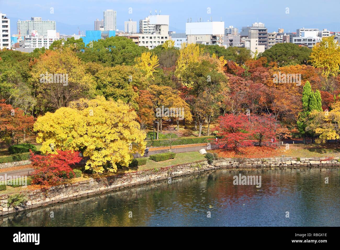 Osaka, Japan - city and Castle Park view with autumn trees Stock Photo ...