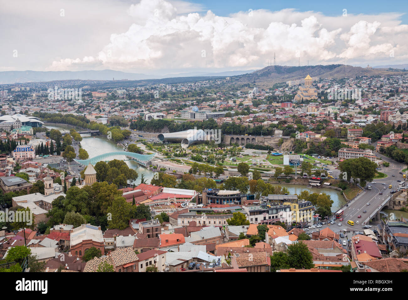 Aerial view of central districts of Tbilisi from Mount Mtatsminda Stock ...