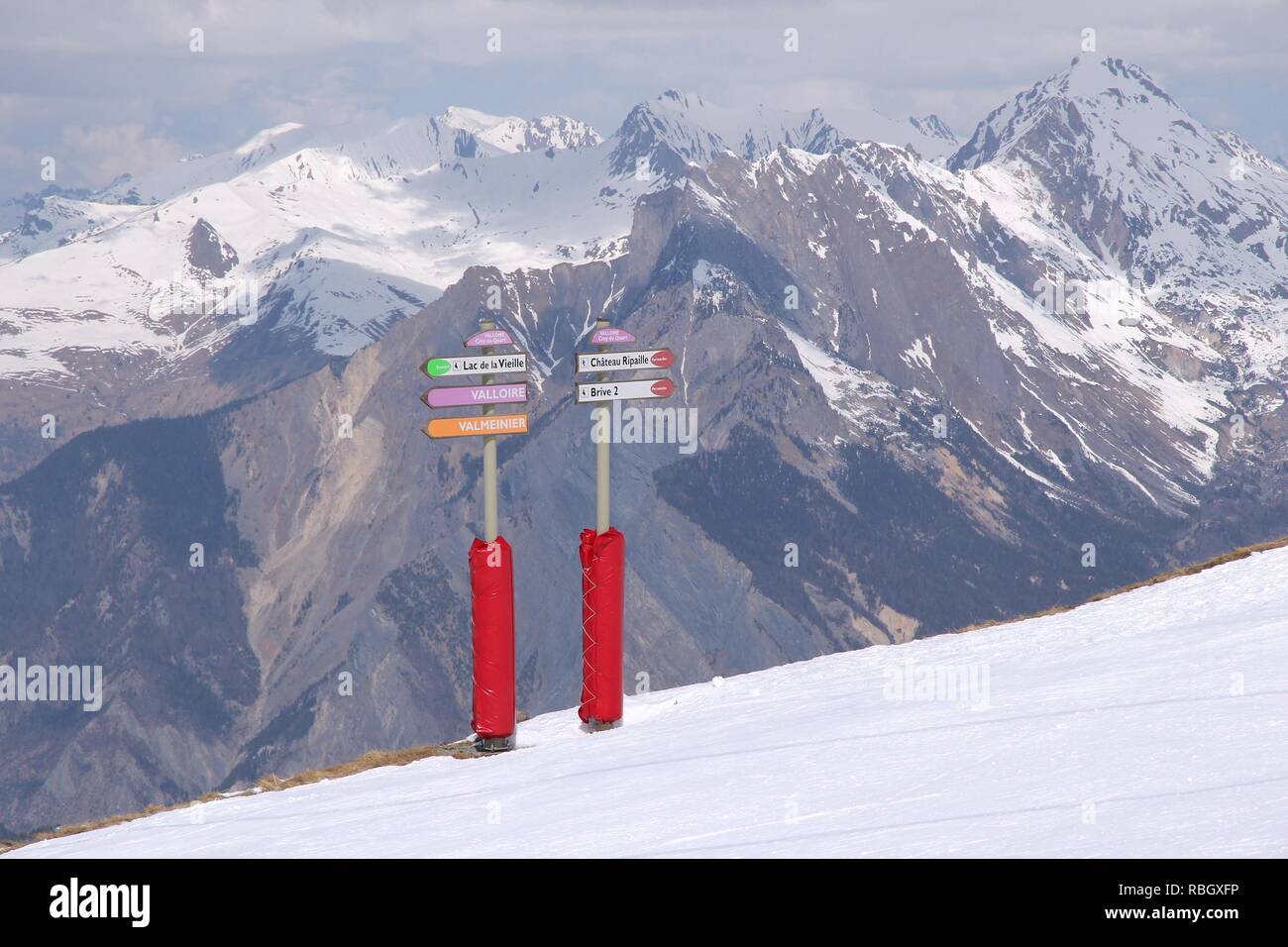 Ski piste direction signs in Valmeinier, Galibier-Thabor skiing station ...