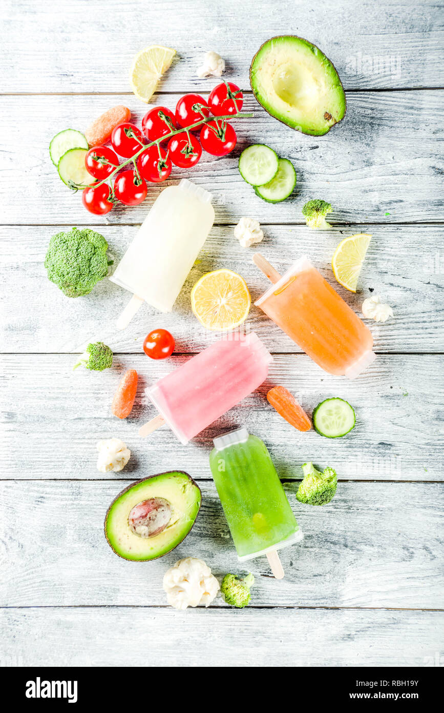 Trendy vegan food, vegetable ice cream popsicles, avocado, cucumber ...