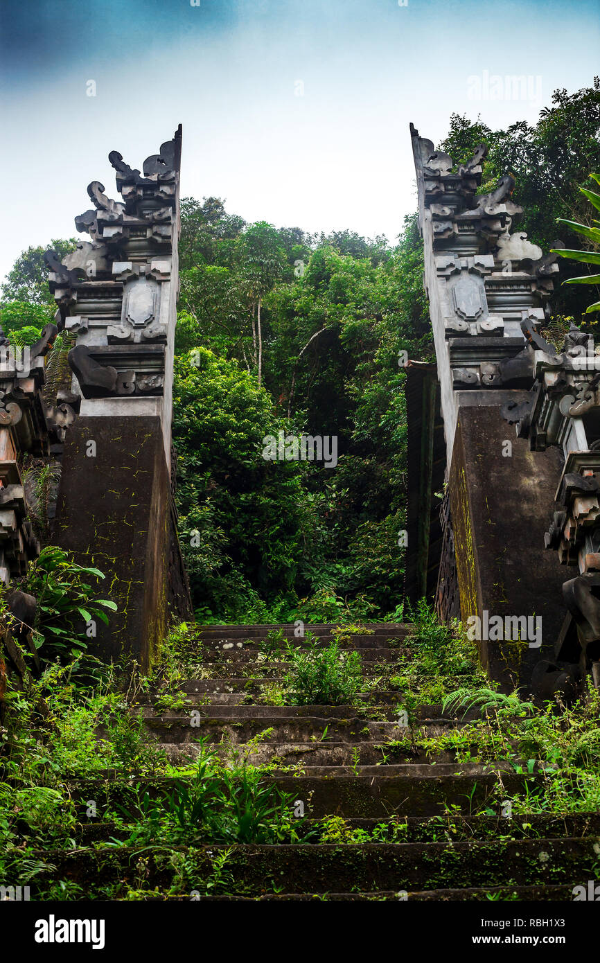 Abandoned temple in jungle. Old demolished stone building in overgrown ...