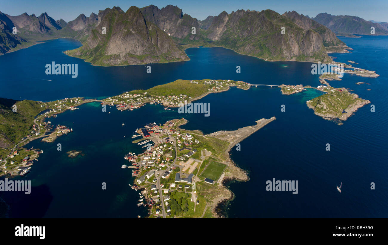 Aerial view of the village of Reine on Moskenesøya, the Lofoten islands ...