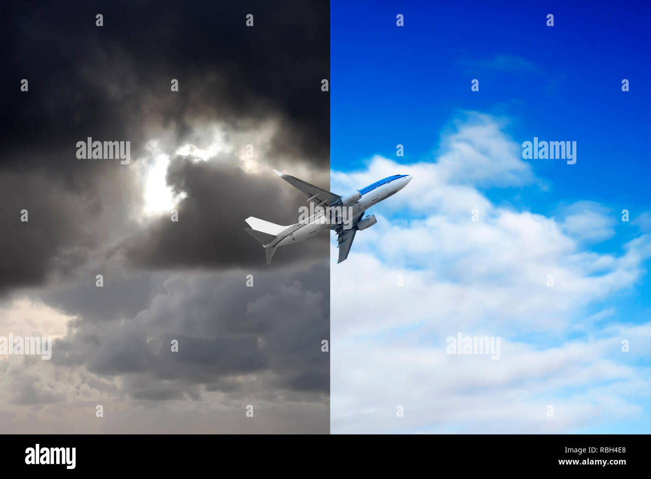 Aircraft flying from bad waether to good weather Stock Photo - Alamy