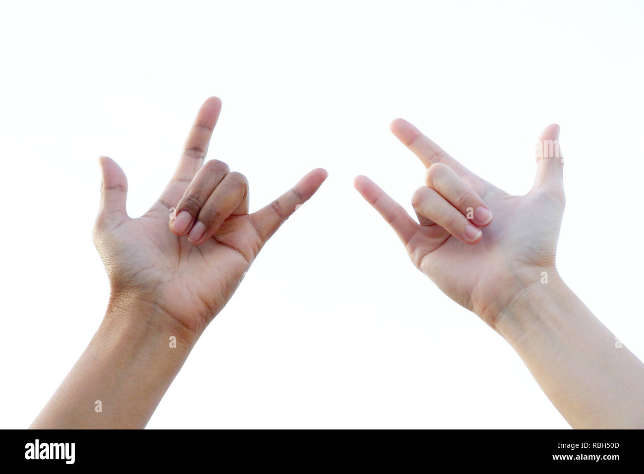 Two people show dumb language hand love with white background Stock ...