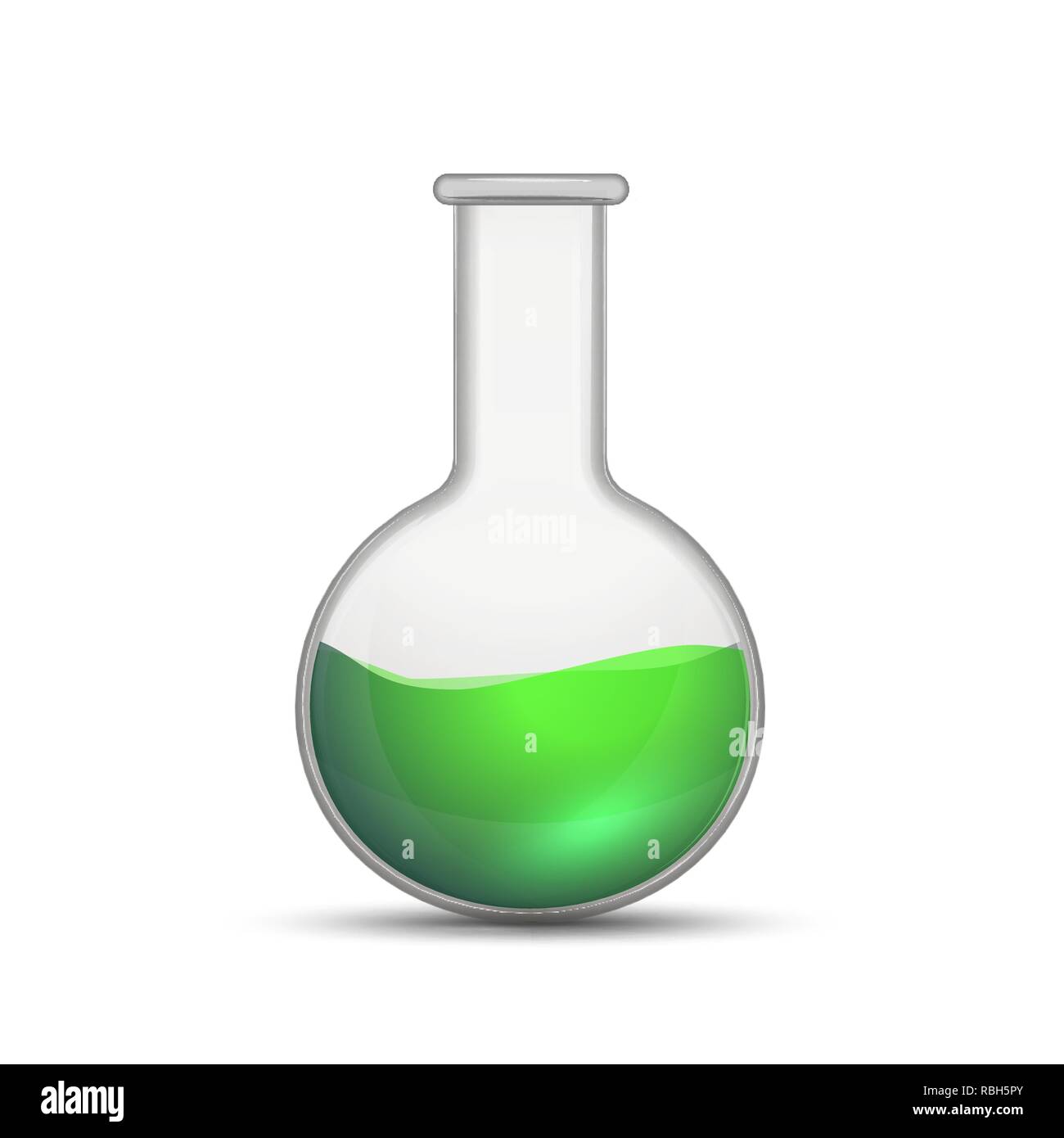 Glossy realistic chemical flask with bright green experimental fluid ...