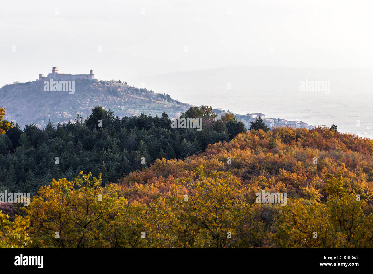 Beautiful view of Assisi town (Umbria) and St.Francis church in autumn ...