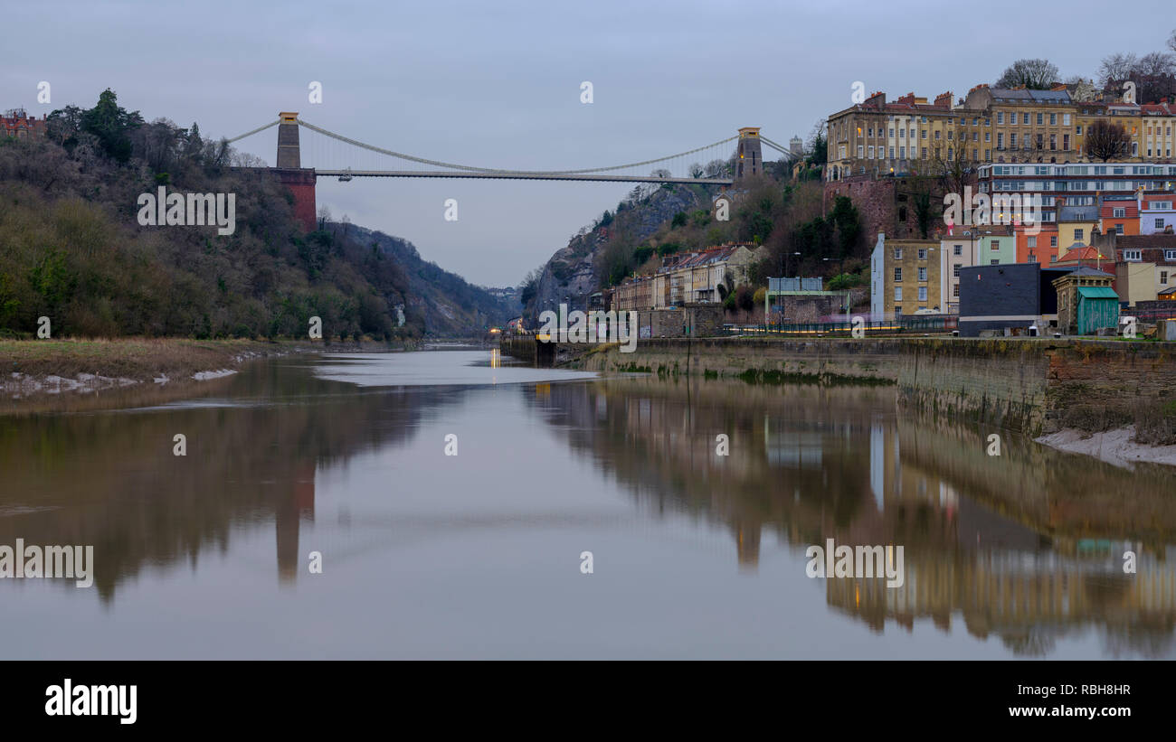 Winter twilight view of Clifton Suspension Bridge and Avon Gorge from ...