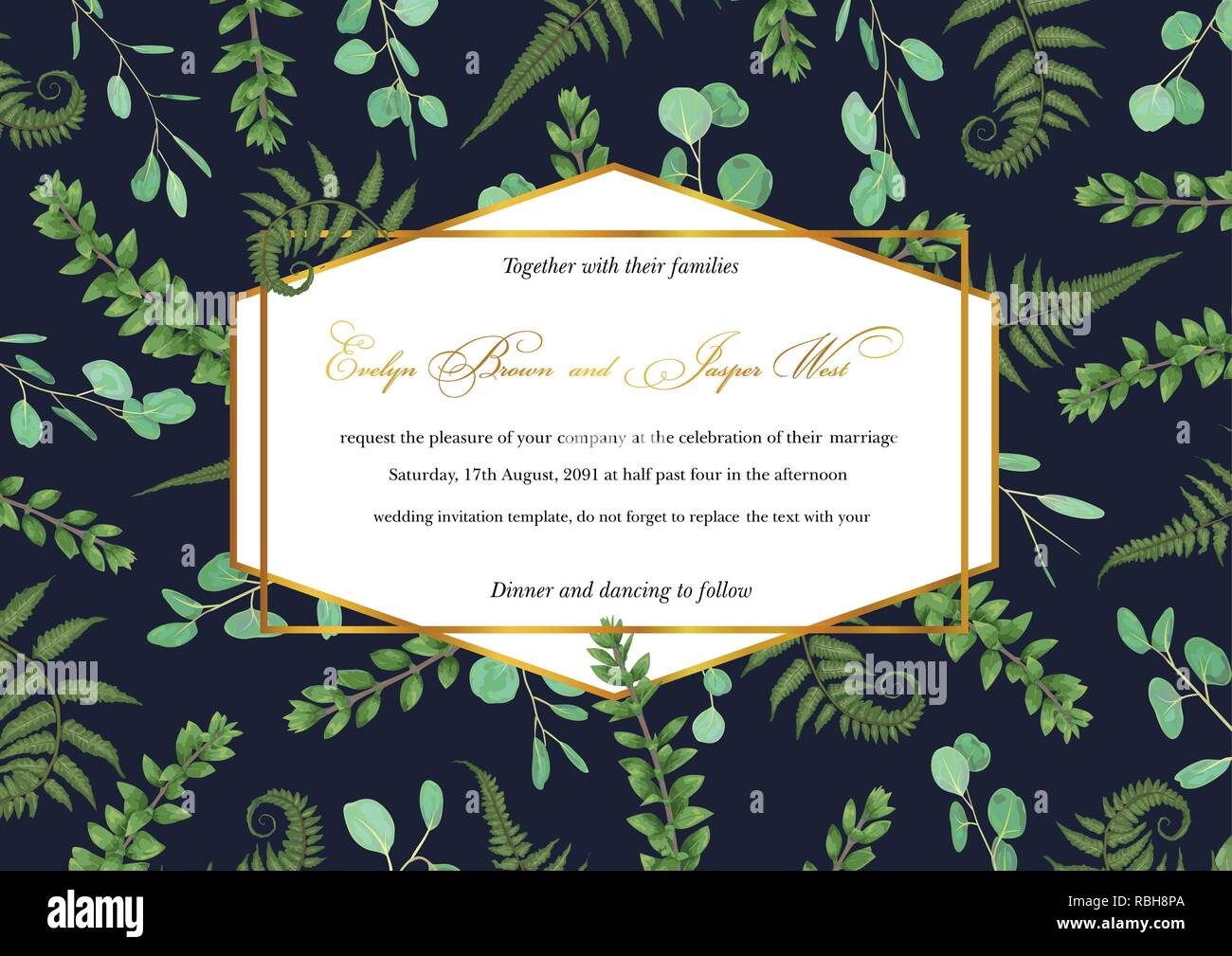 Designer geometric golden frame with green leaves of forest fern ...