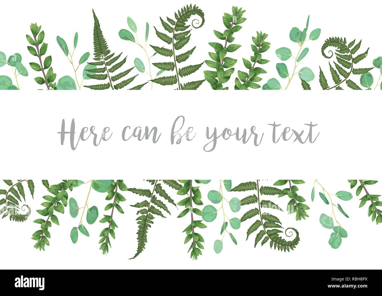 Beautiful festive frame with green leaves of forest fern, boxwood and ...