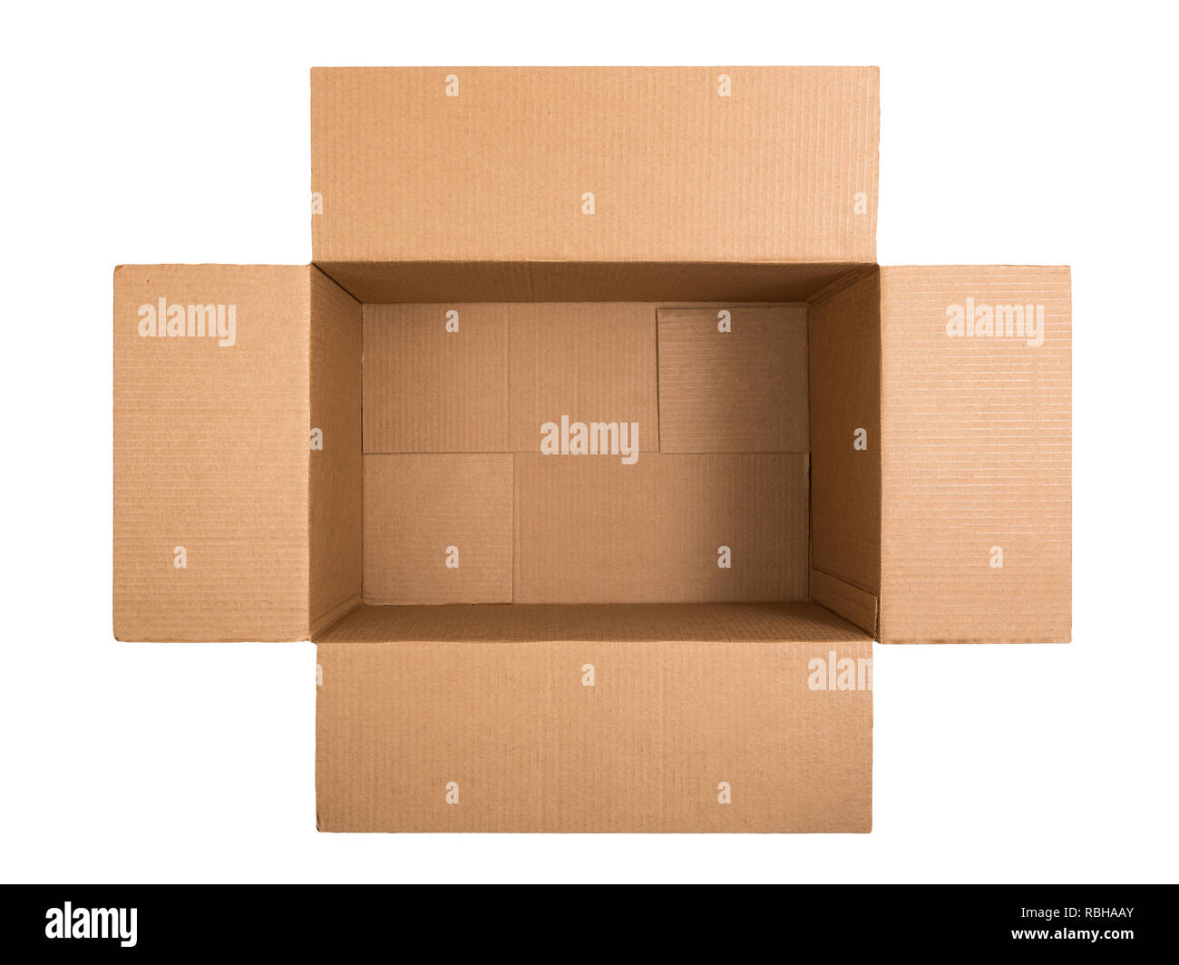 Opened cardboard box isolated on white background. View from above ...