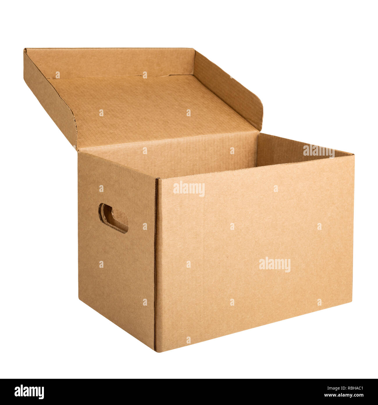 Opened archive storage cardboard box isolated on white Stock Photo - Alamy
