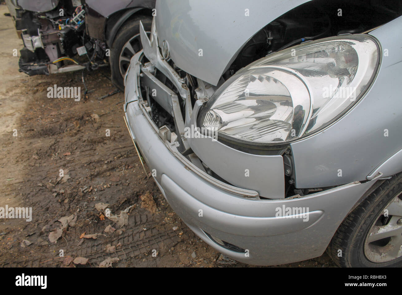 Car Crash; Body work and headlight damage after a vehicle / auto crash ...