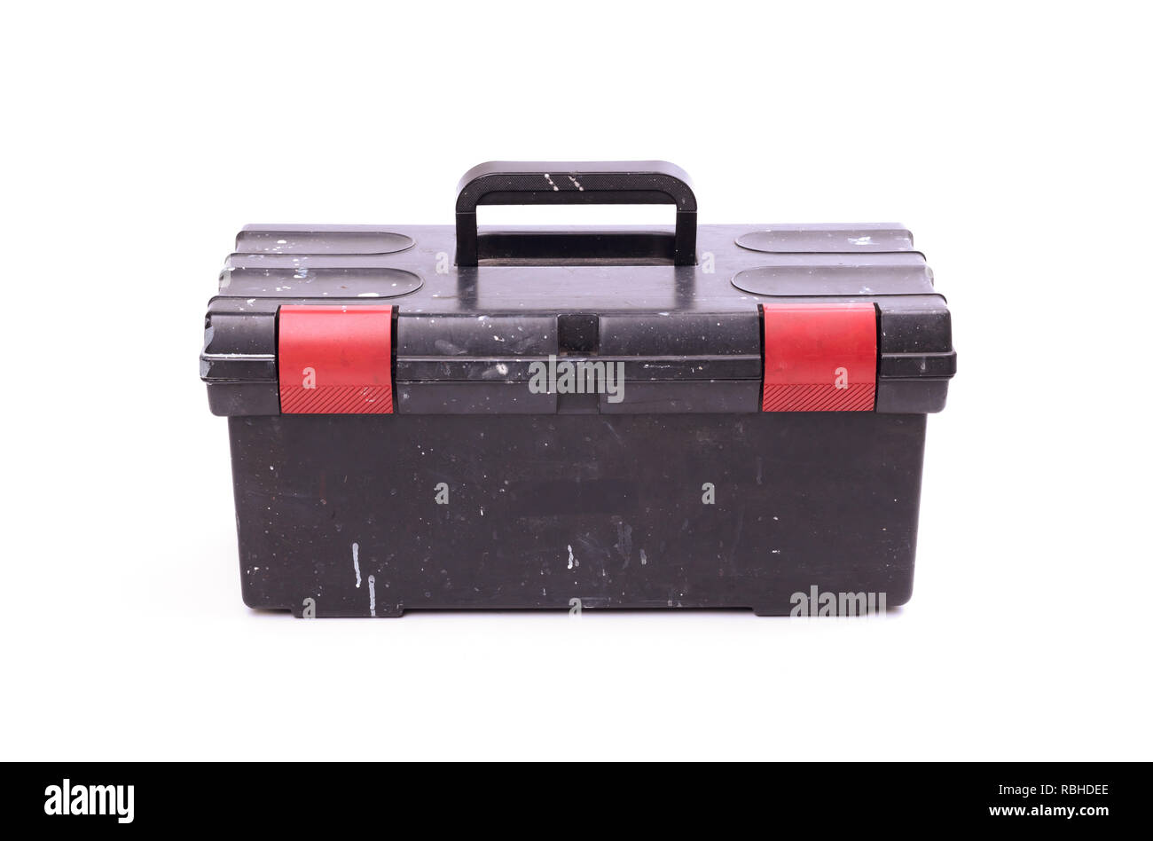 Old dirty black toolbox, isolated on white Stock Photo - Alamy