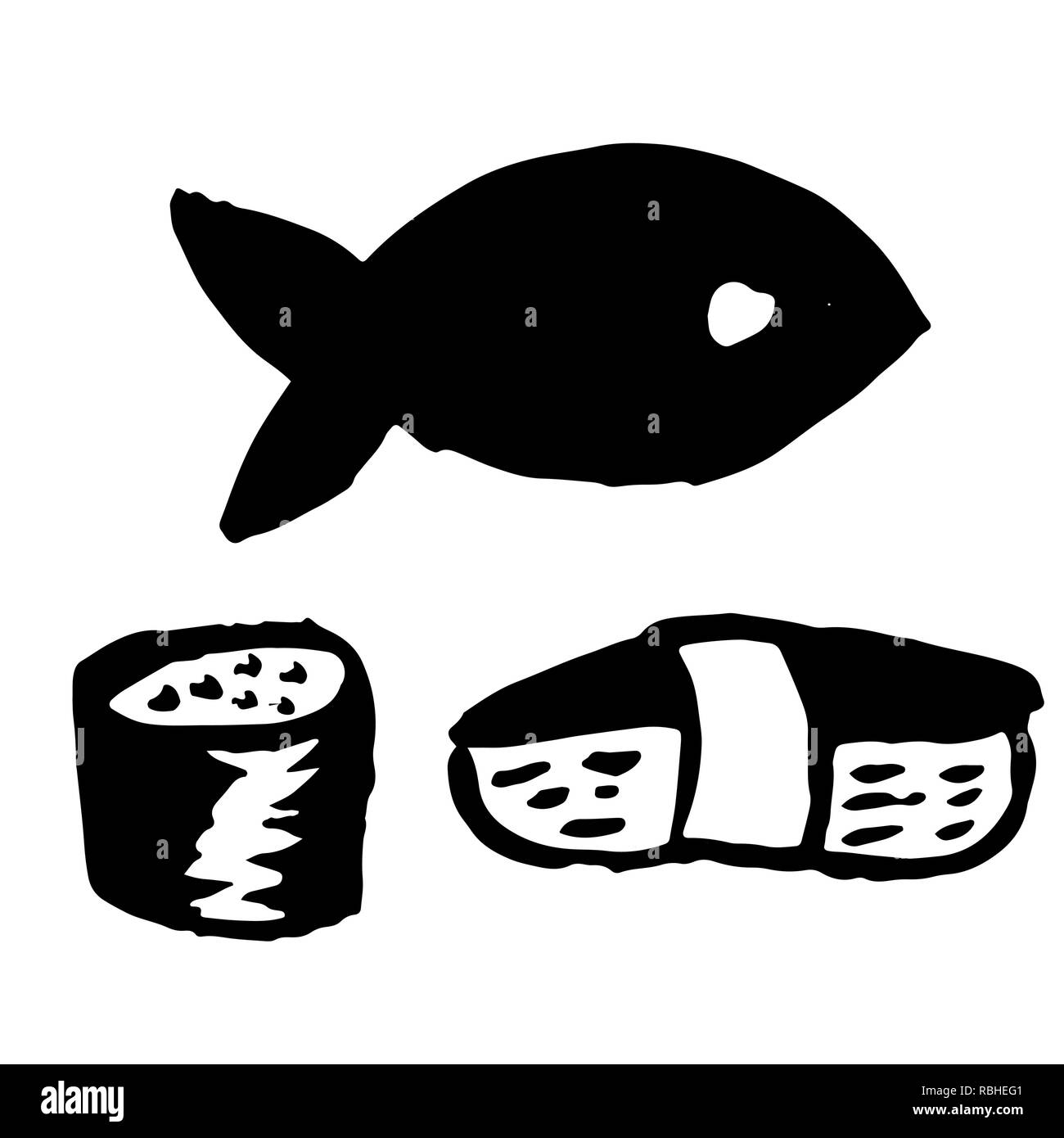 Hand drawn grunge ink brush susi. Japanese kitchen modern vector ...