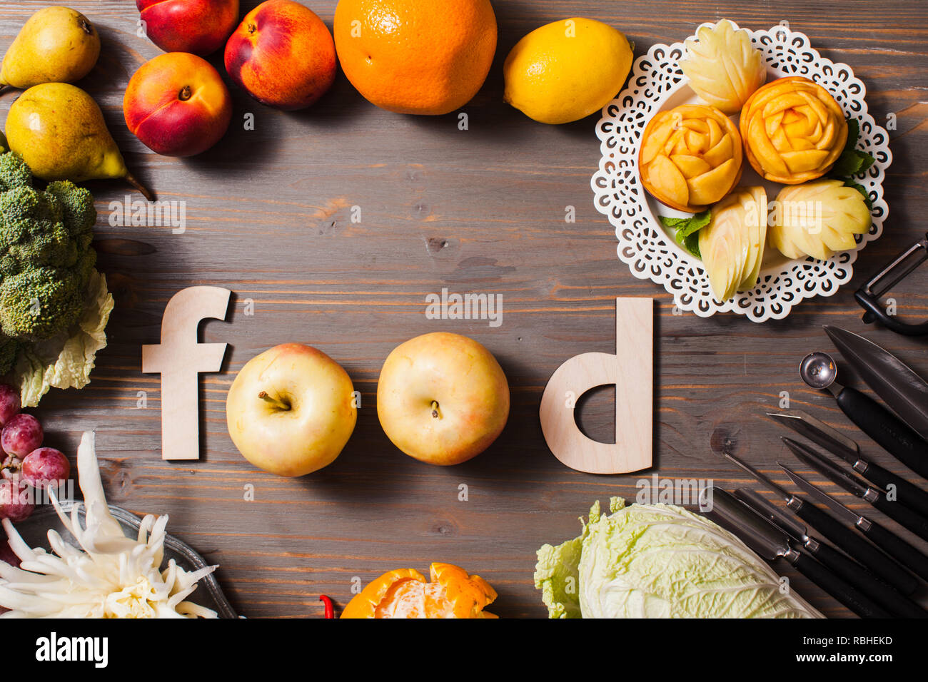 Chinese fruit carving top view on the table Stock Photo - Alamy
