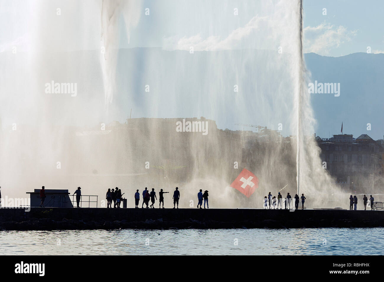 the water jet is the huge Fountain on the Geneva Lake, in the city of ...
