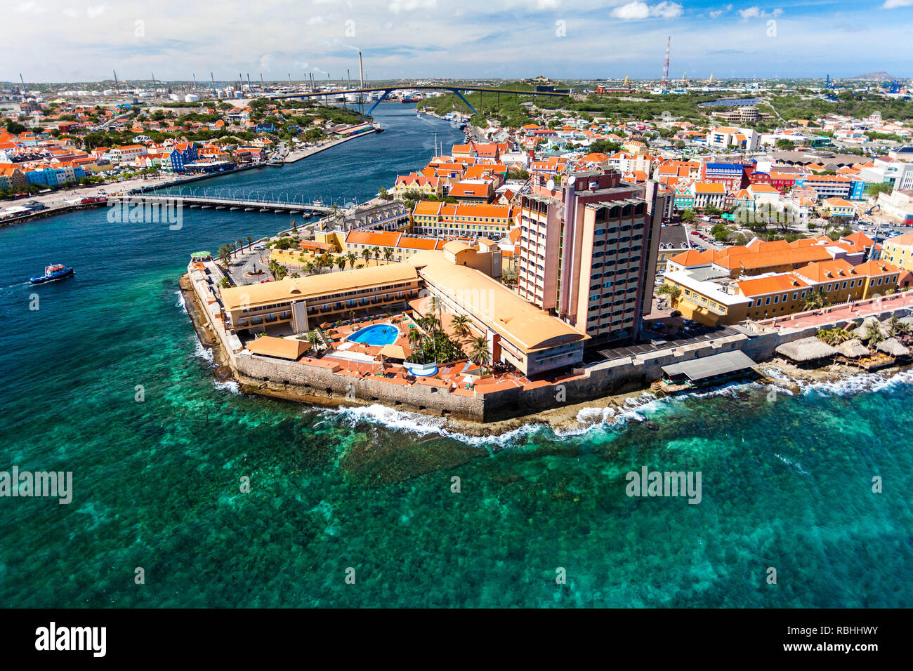 Willemstad Curacao Tropical Island city aerial view with harbour ...