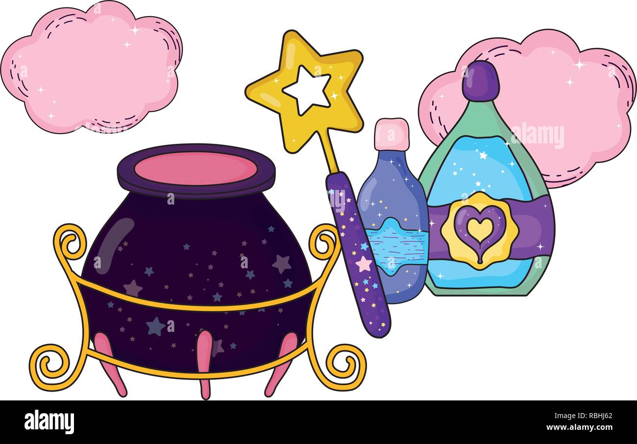 magic witch cauldron with potion bottle and wand Stock Vector Image ...